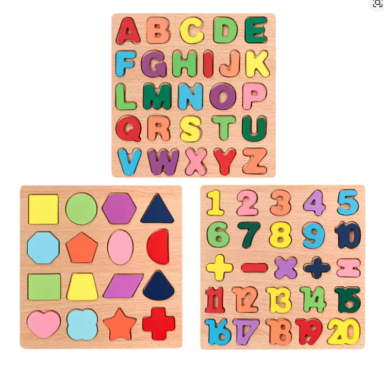 Kids Alphabetic Arithmetic Number Geometric Shapes Wooden Puzzle Monte ...